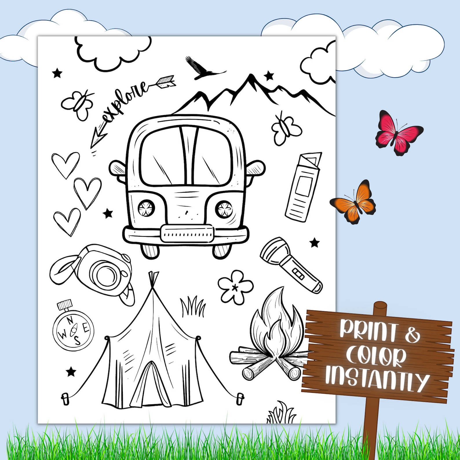 Adventure Coloring Page, Printable Camping Coloring Page - Etsy