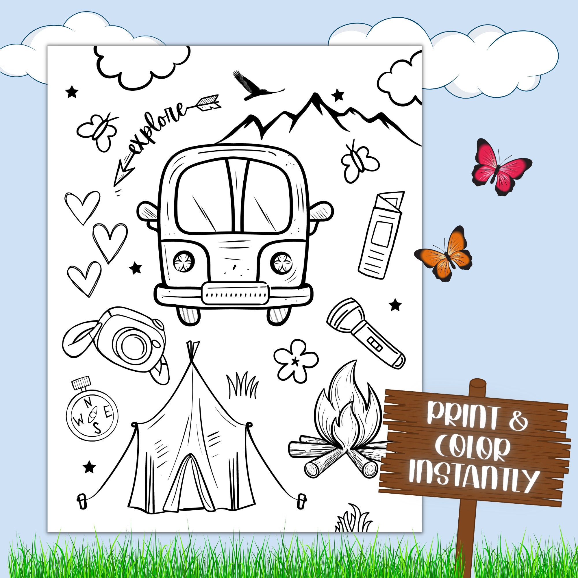 Adventure Coloring Page, Printable Camping Coloring Page - Etsy