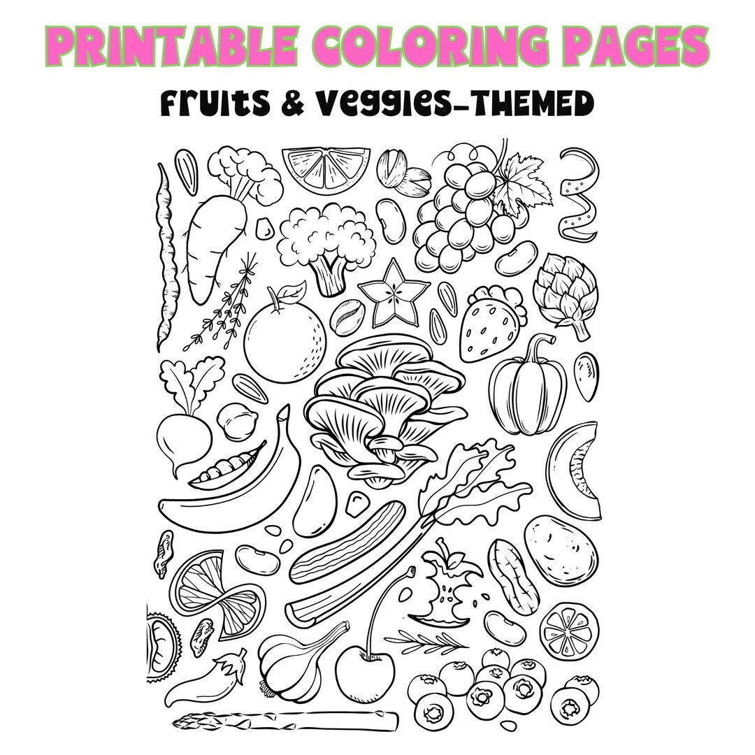 Fruit and Veggie Printable Coloring Page for Kids and Adults, Doodle ...