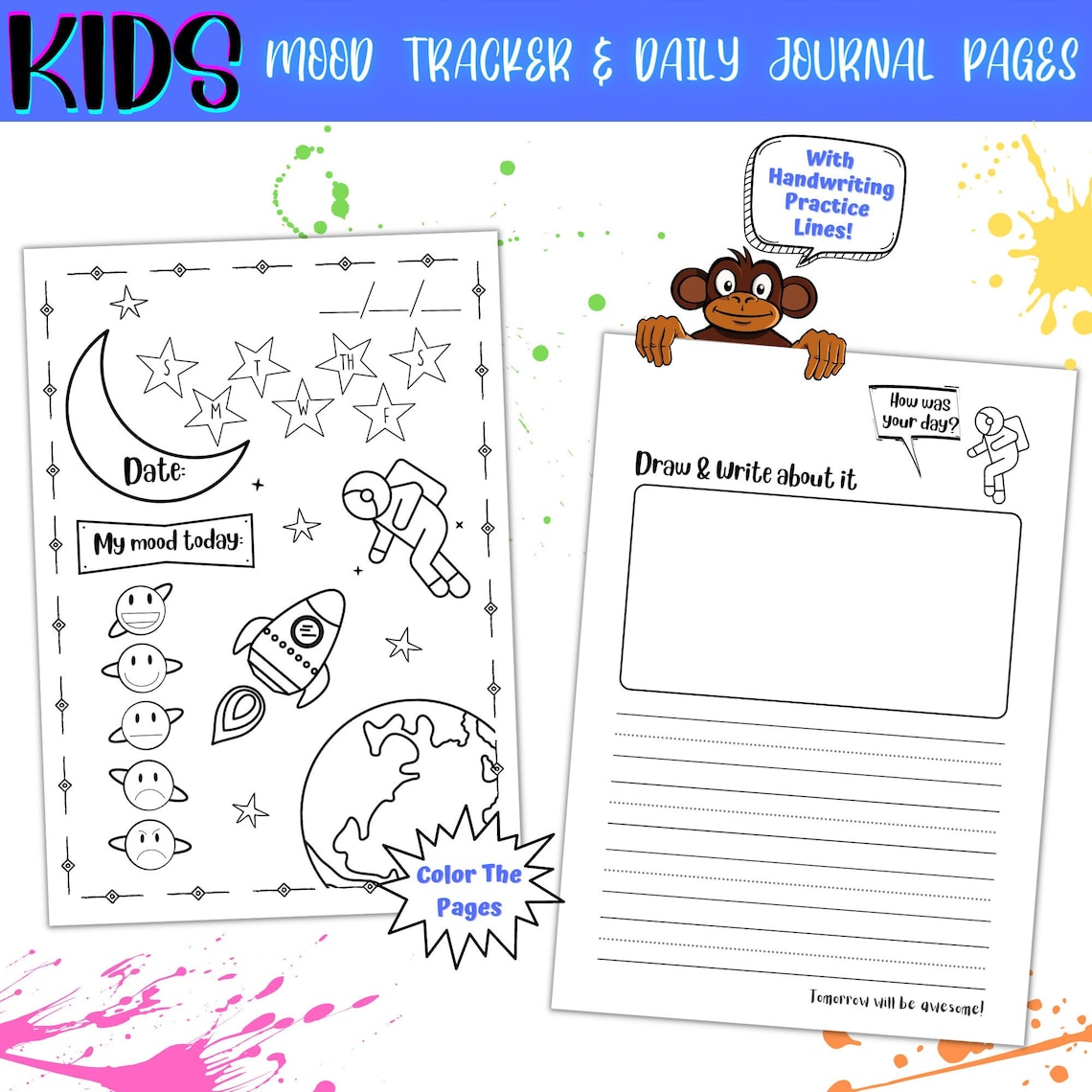 Kids Printable Mood Trackers and Daily Journal Pages With Handwriting ...