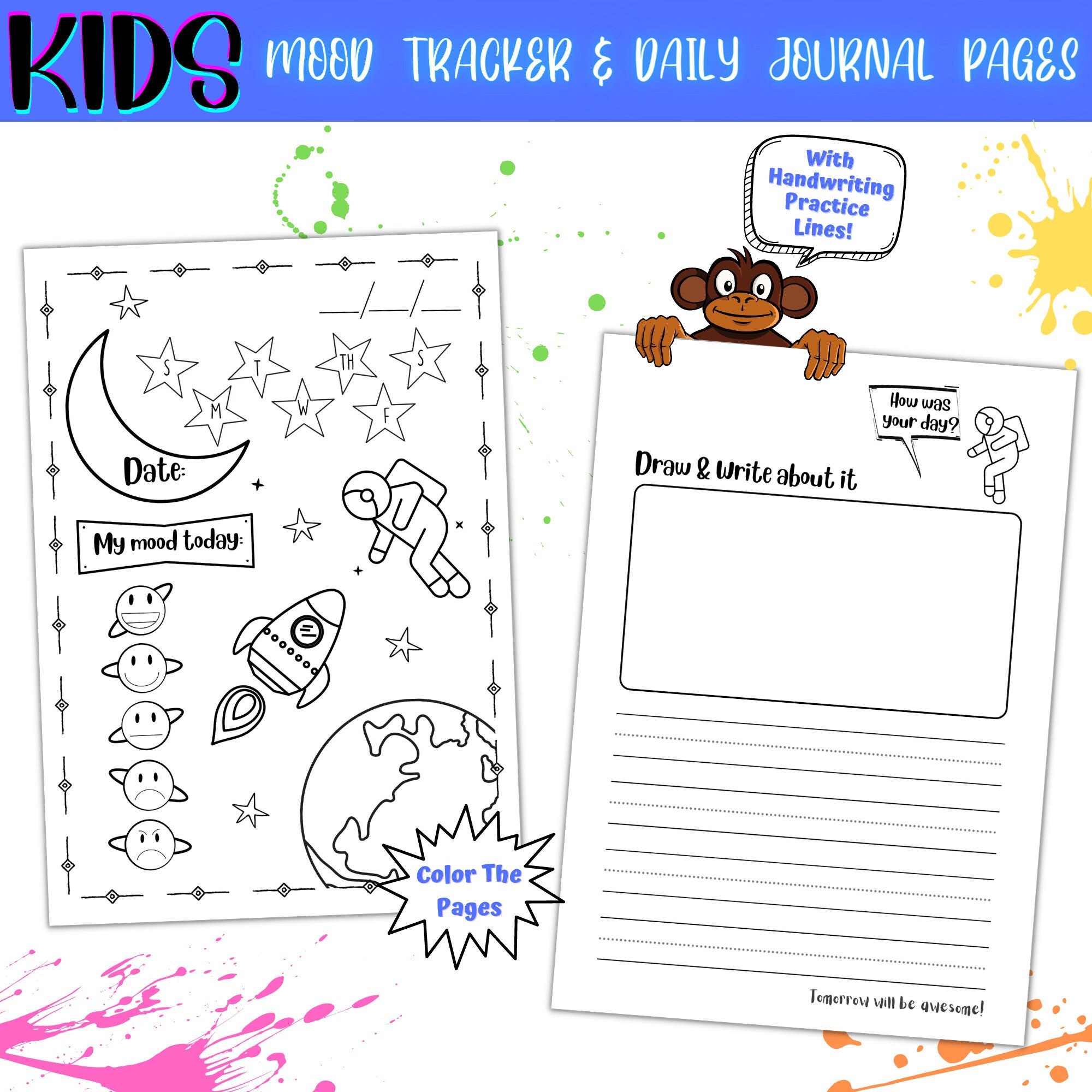 Kids Printable Mood Trackers and Daily Journal Pages With Handwriting ...