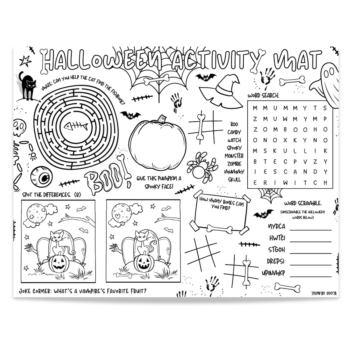 Halloween Activity Placemat Printable PDF for Kids, Fun Halloween Games ...