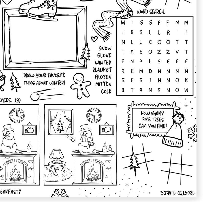 Winter Activity Placemat for Kids, Printable Maze, Word Search, Word ...