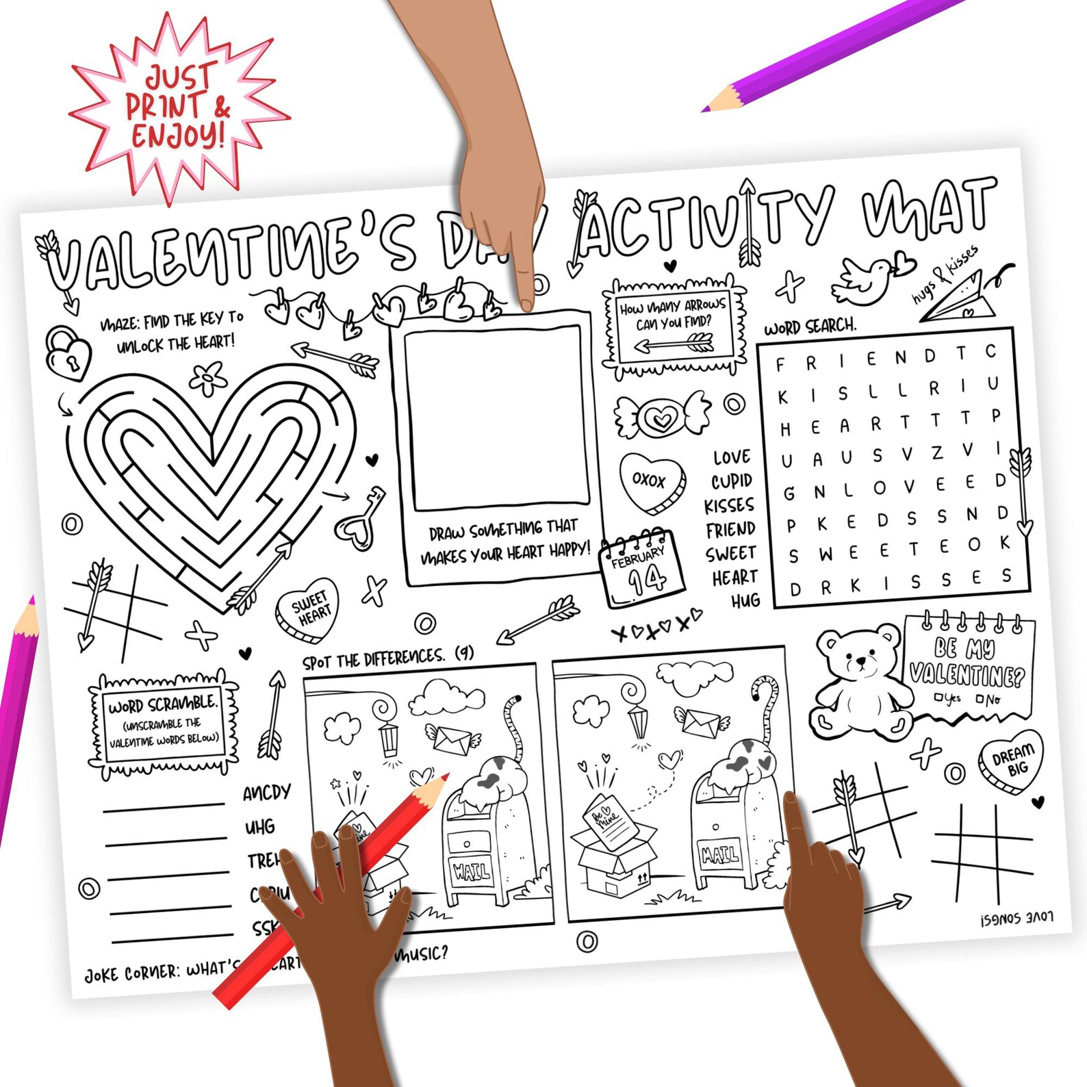 Valentine’s Day Activity Placemat for Kids, Printable Valentine Maze ...