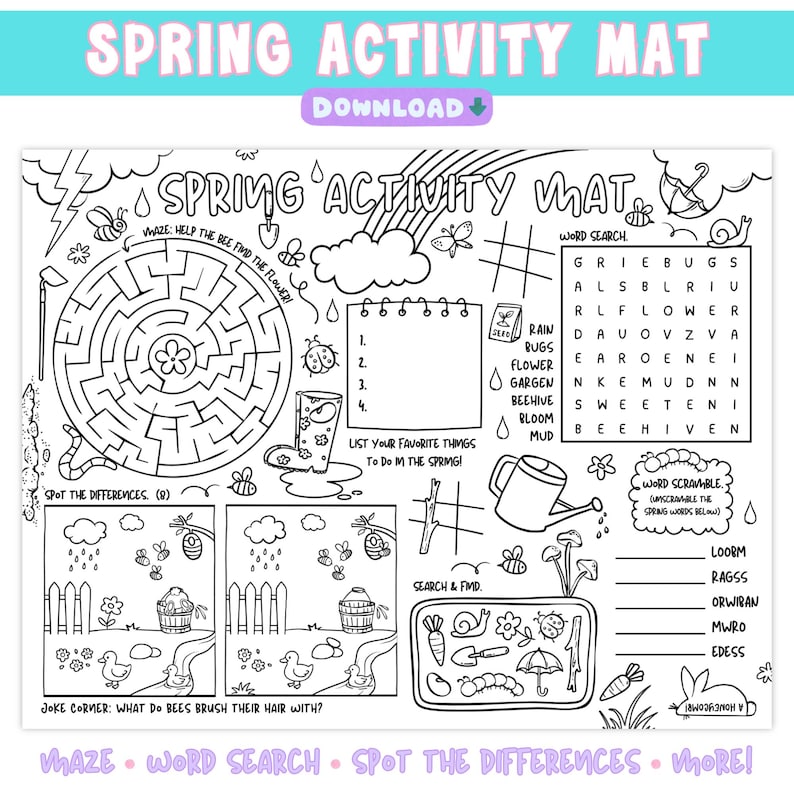 Spring Activity Mat Printable for Kids, Classroom Placemat, Maze, Word ...