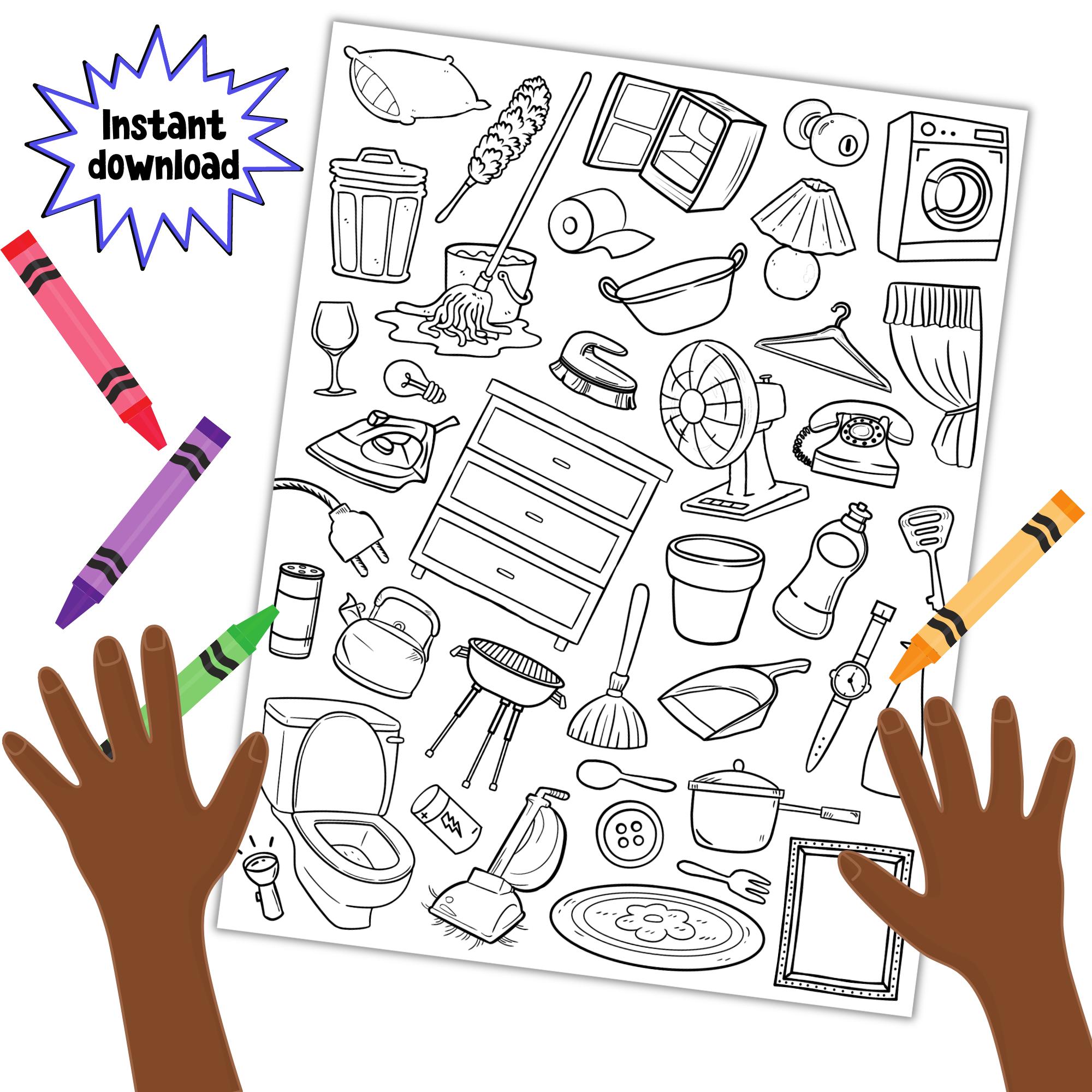 Printable Around the House Doodle Coloring Page for Kids and Adults ...
