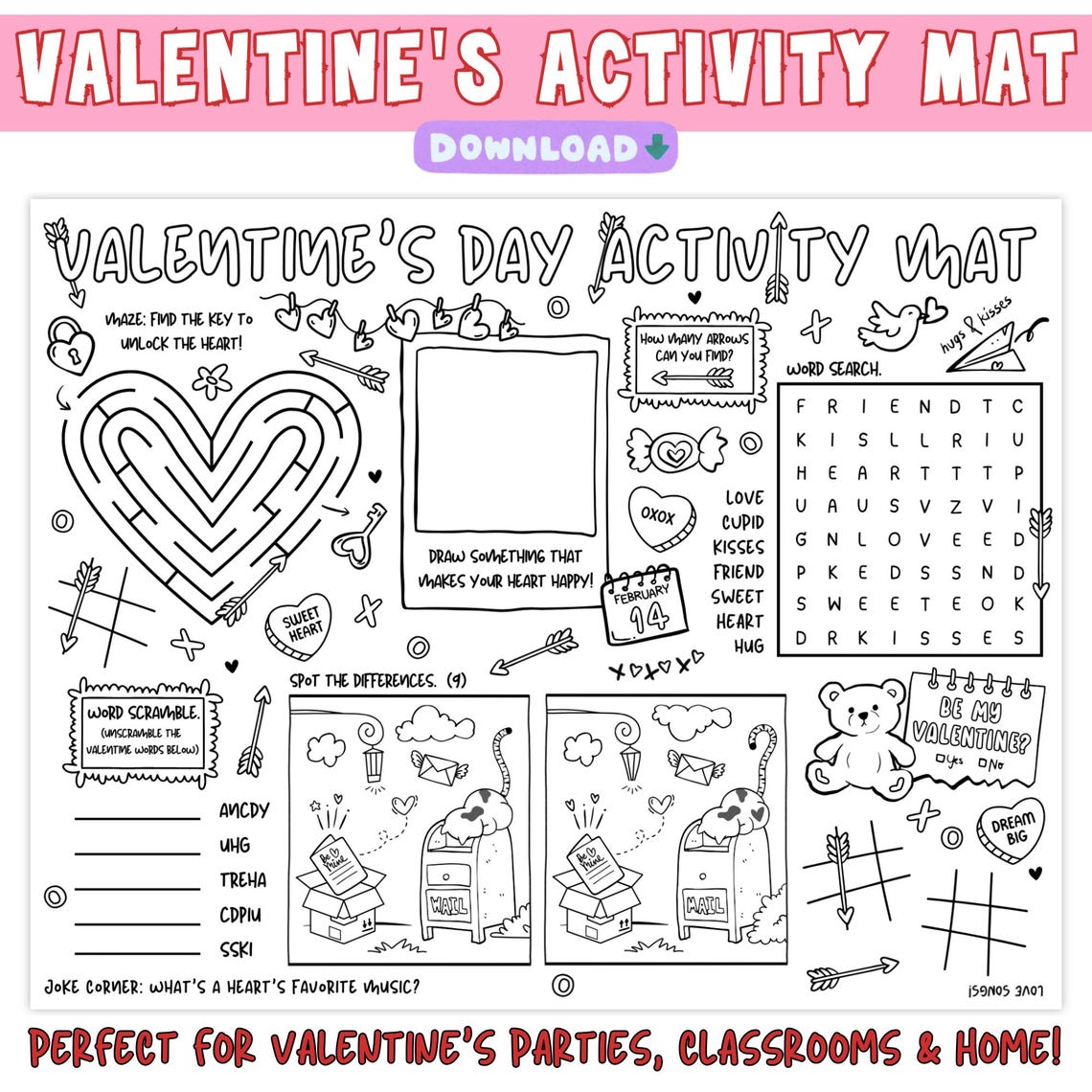 Valentine’s Day Activity Placemat for Kids, Printable Valentine Maze ...