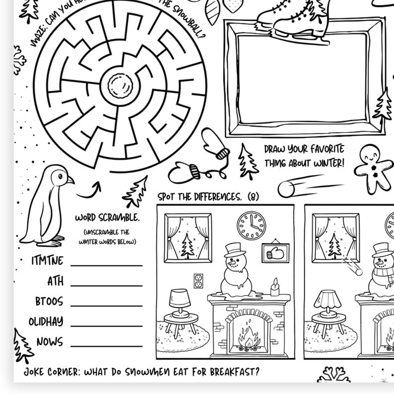 Winter Activity Placemat for Kids, Printable Maze, Word Search, Word ...