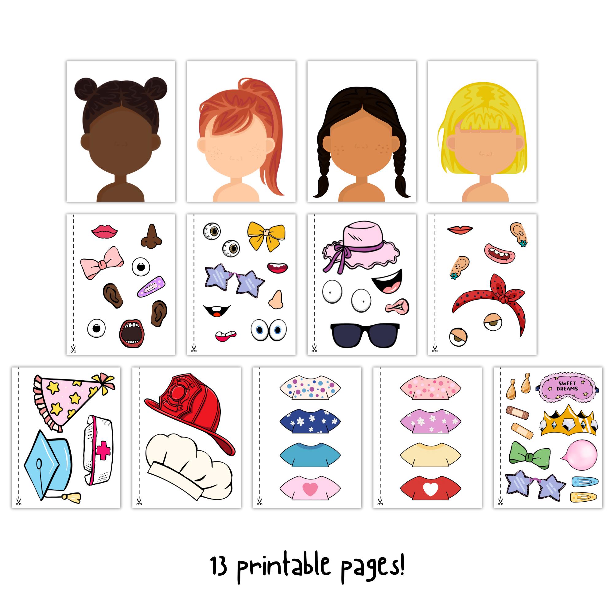 Printable Girl Faces Craft, Cut and Paste DIY Activity With Face Parts ...