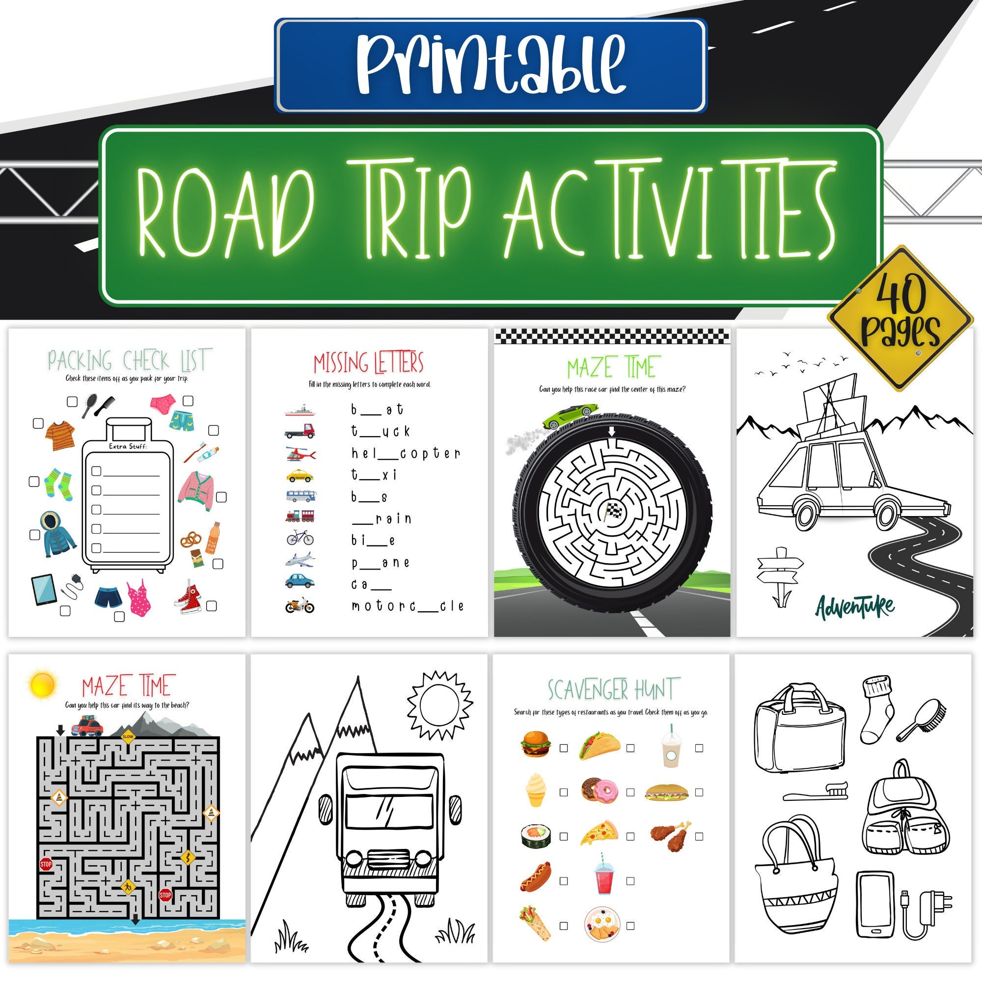 Printable Road Trip Activities, Travel Games and Puzzles for Kids - Etsy