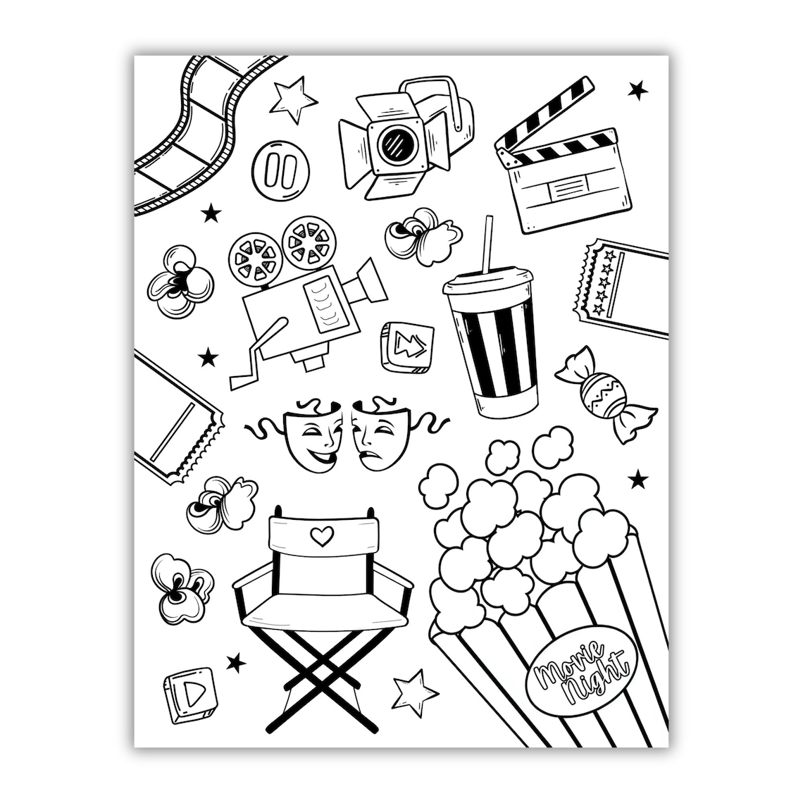 Printable Movie Night Coloring Page, Cinema Coloring Page for Kids and ...