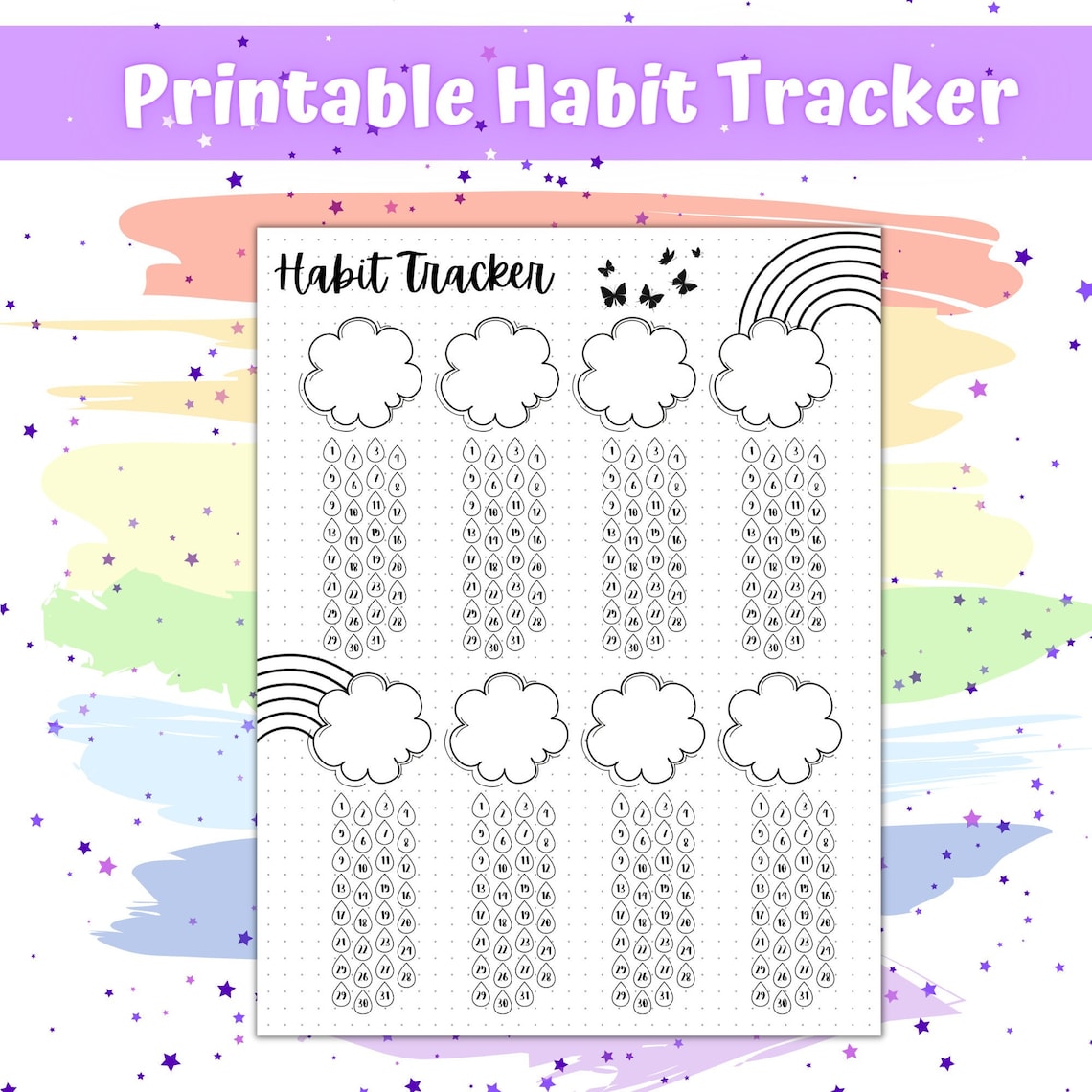 Printable Bullet Journal Habit Tracker, Rainbow Theme Monthly Goal ...
