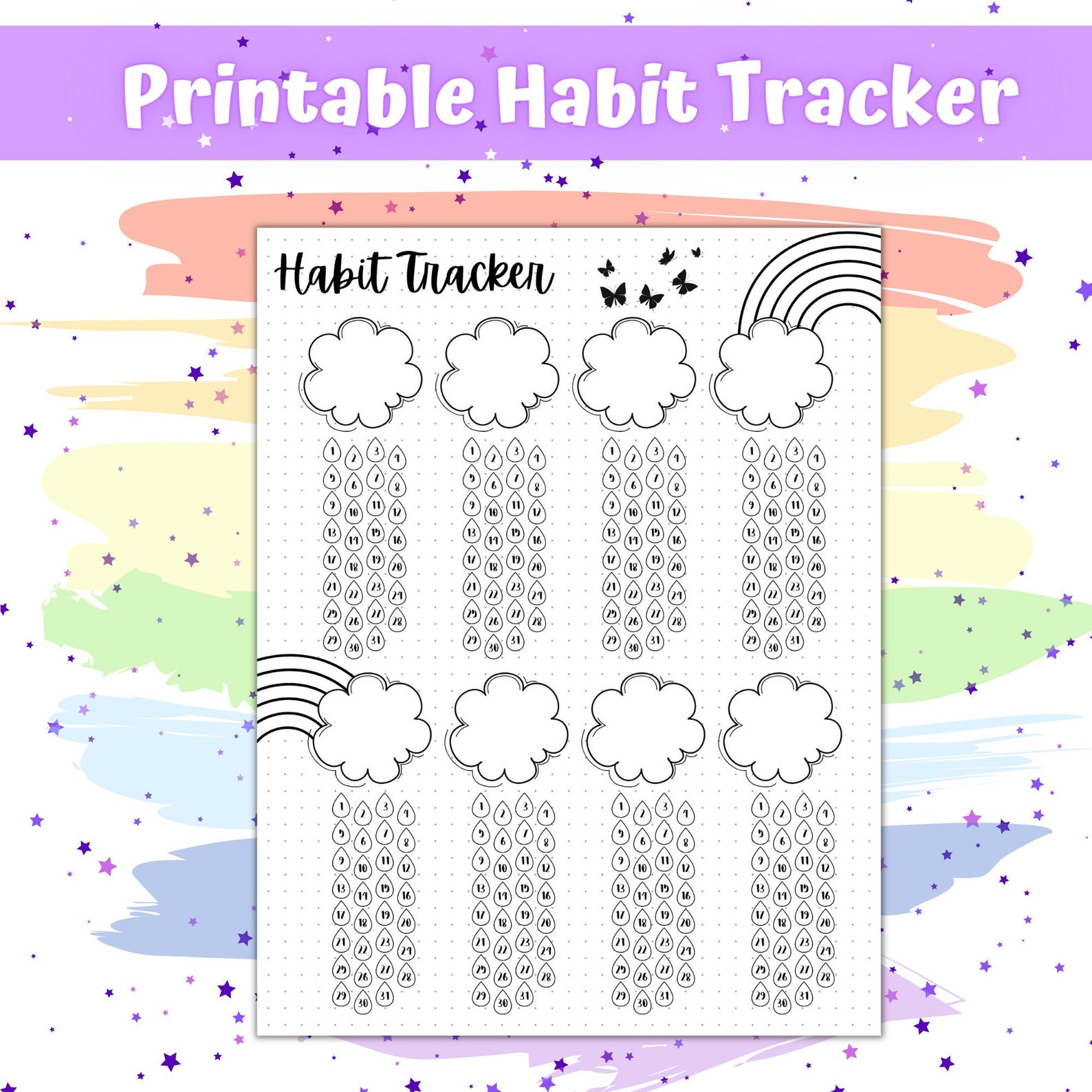 Printable Bullet Journal Habit Tracker, Rainbow Theme Monthly Goal ...