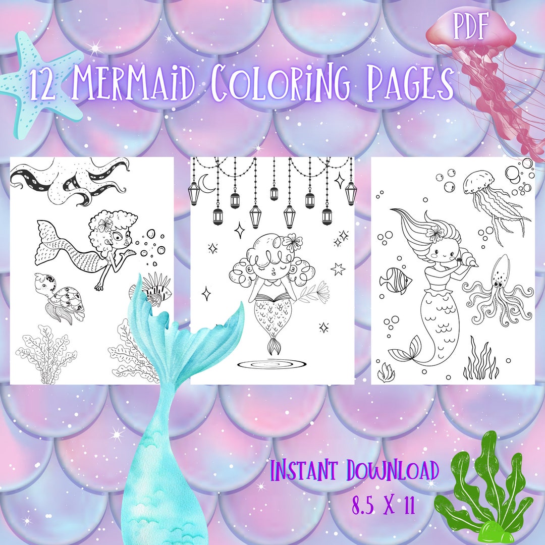 Mermaid Coloring Pages 12 Printable Mermaid Coloring Sheets - Etsy