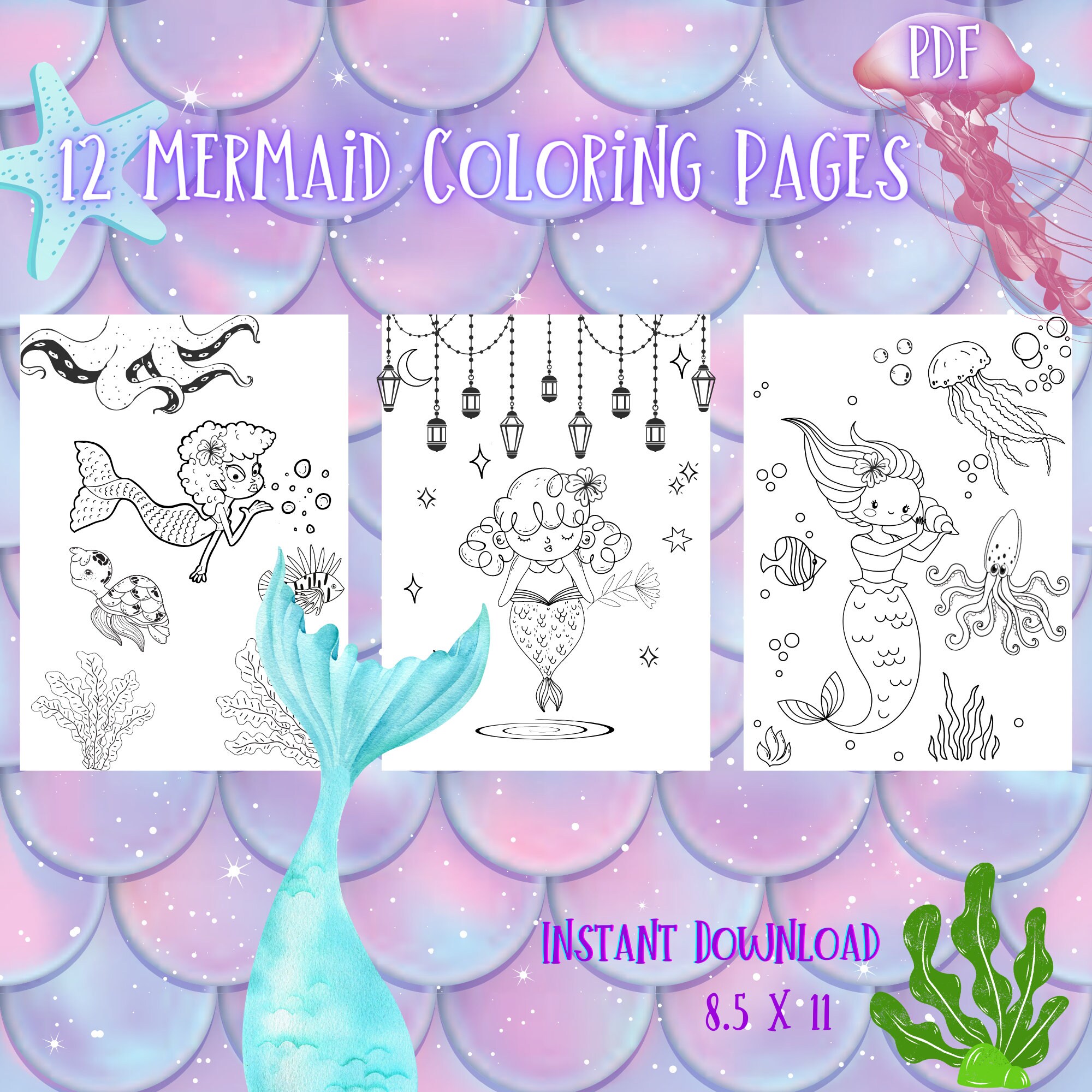 Mermaid Coloring Pages 12 Printable Mermaid Coloring Sheets - Etsy