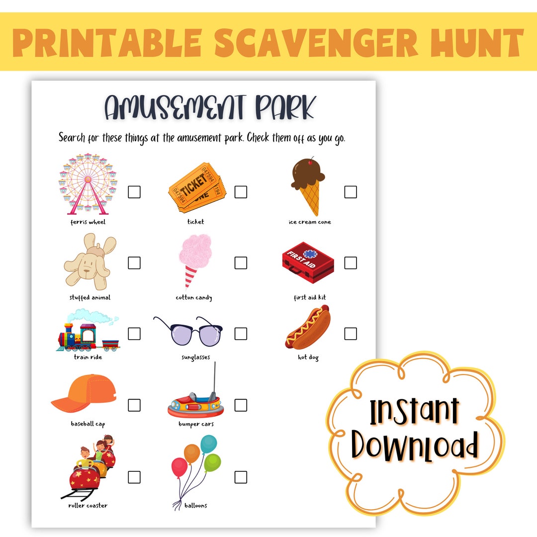 Printable Amusement Park Scavenger Hunt, Kids Treasure Hunt, Print at ...