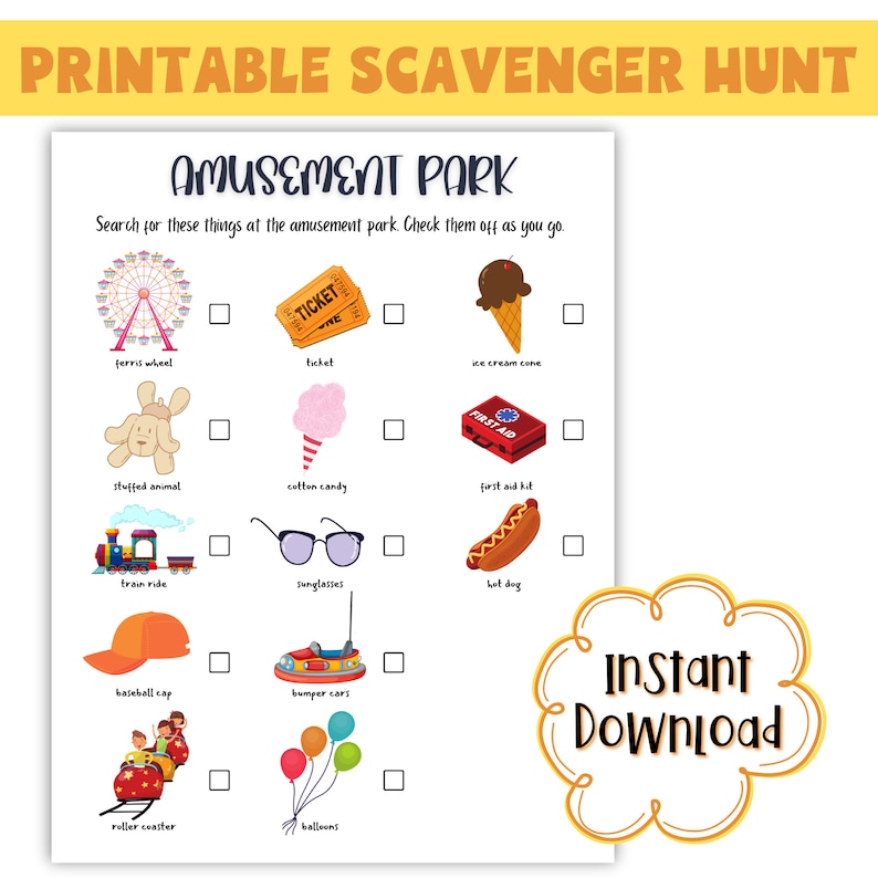 Printable Amusement Park Scavenger Hunt, Kids Treasure Hunt, Print at ...