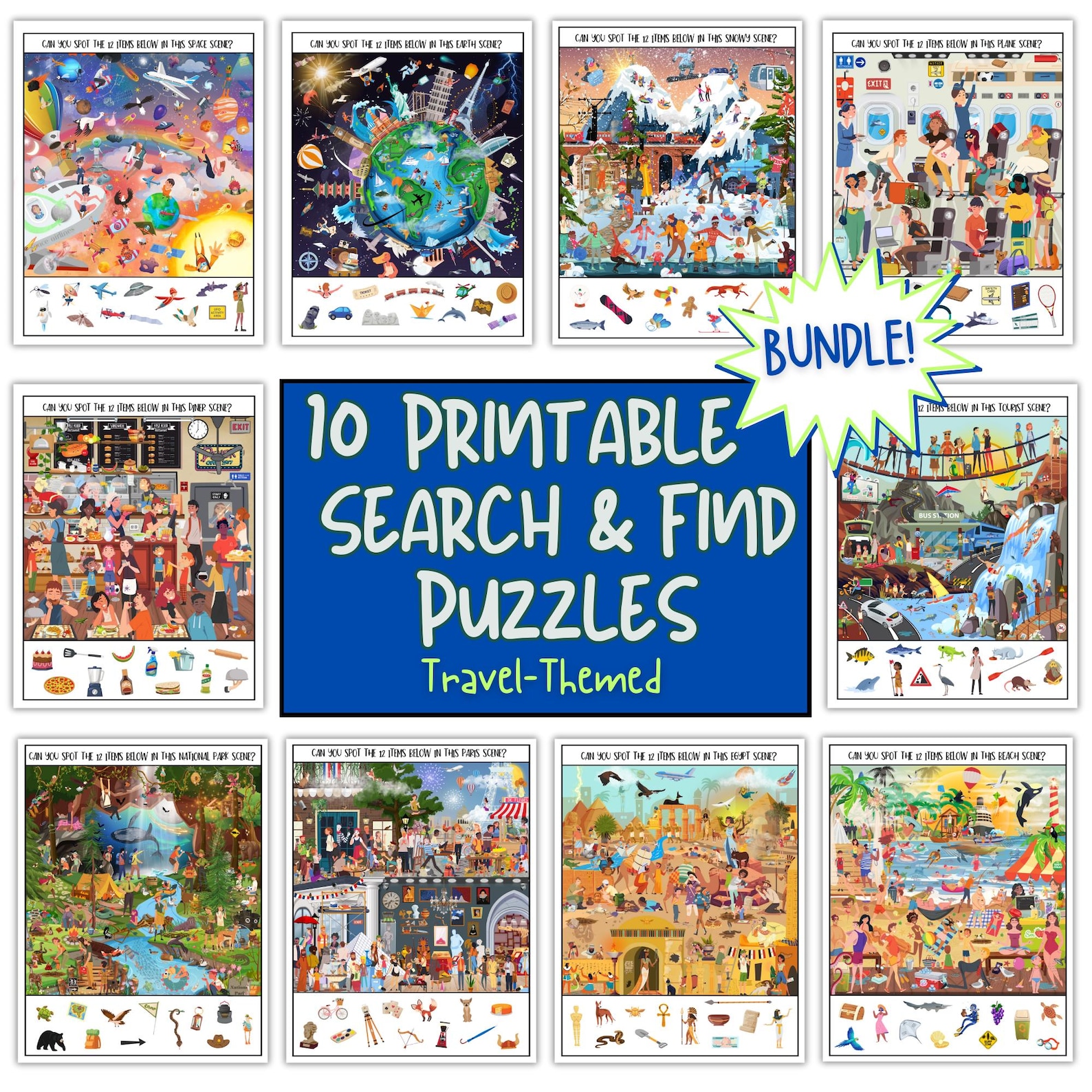 Travel Search and Find Printable Puzzles Bundle, 10 Hidden Picture ...
