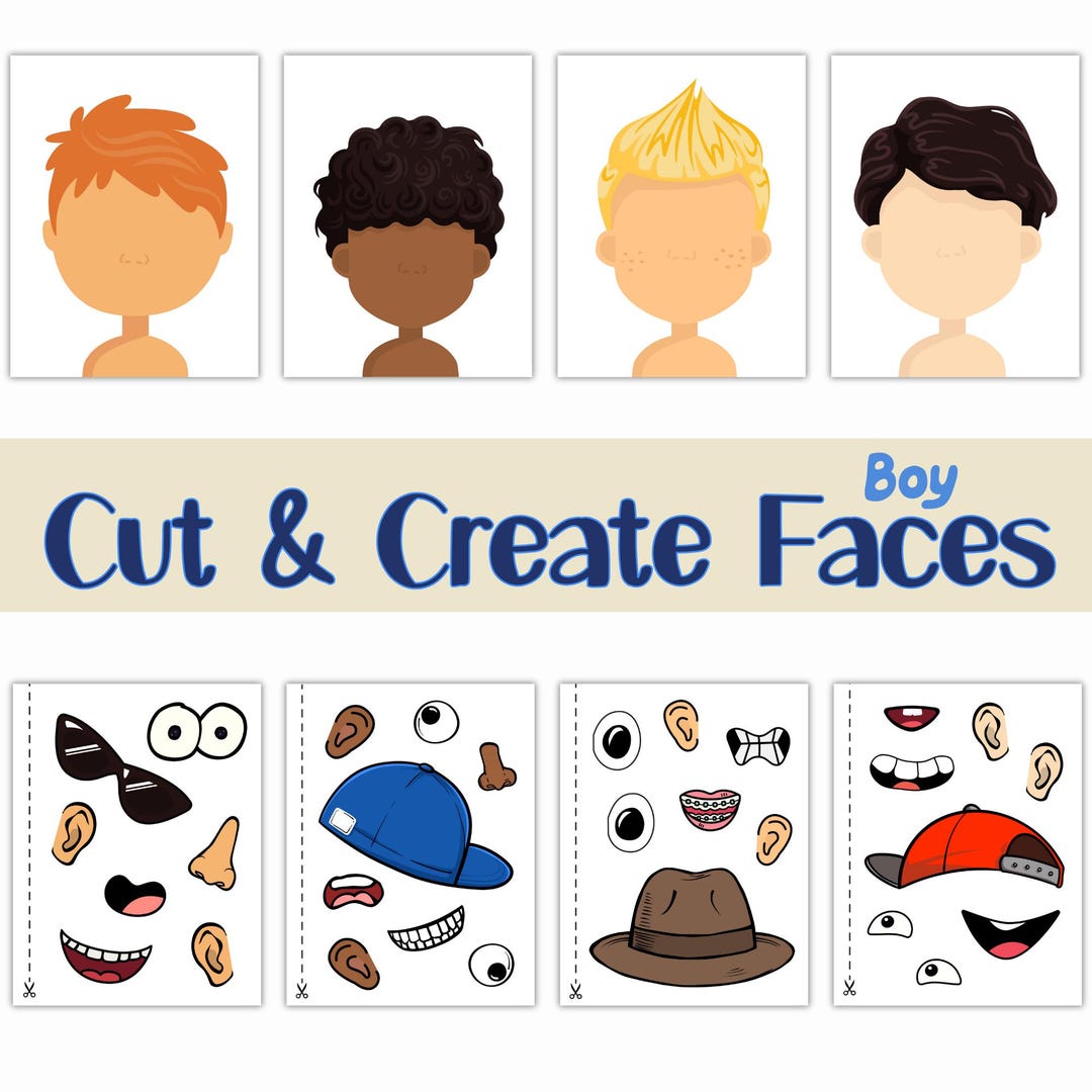 Printable Boy Faces Craft Kit, DIY Character Faces & Fun Accessories ...