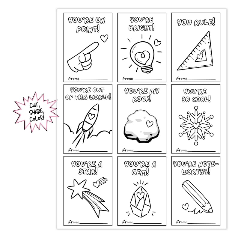 Valentine’s Day Coloring Cards for Kids, 36 Printable Valentine Cards ...