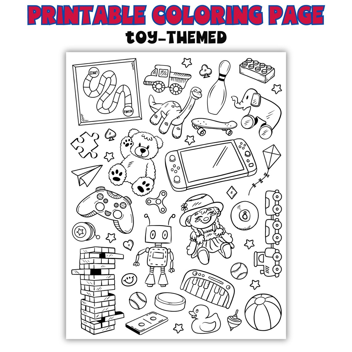 Toy & Game Themed Printable Coloring Page, Activity for Kids, Instant ...