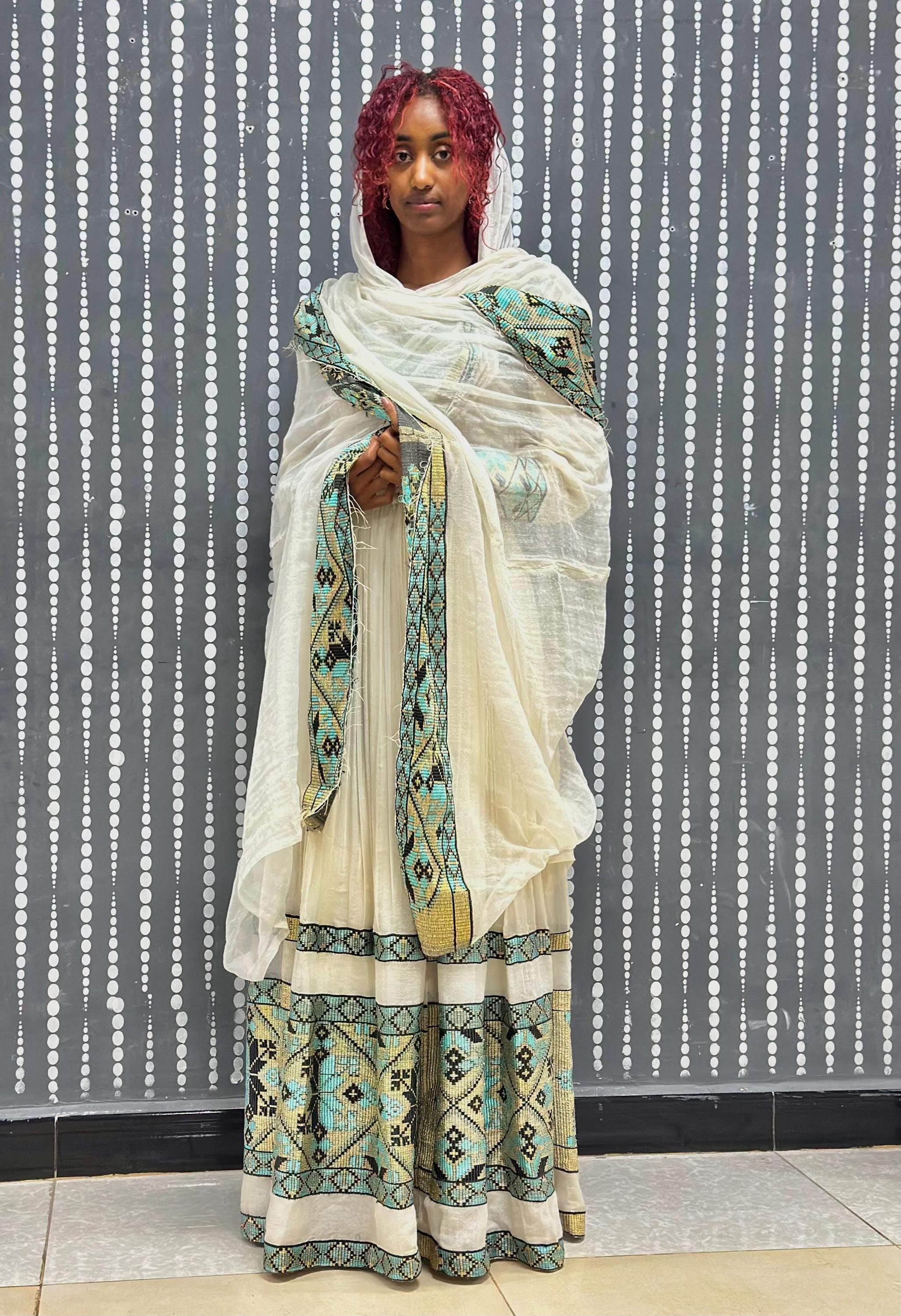 Green and Gold Ethiopian Dress With Netela – Luxury Habesha Kemis ...