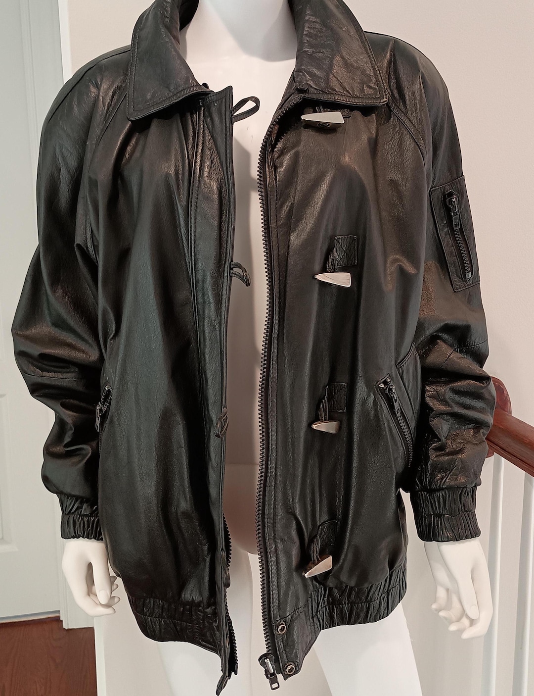 Bomber Leather Jacket Greg Bell With Toggle Buttons - Size Large ...