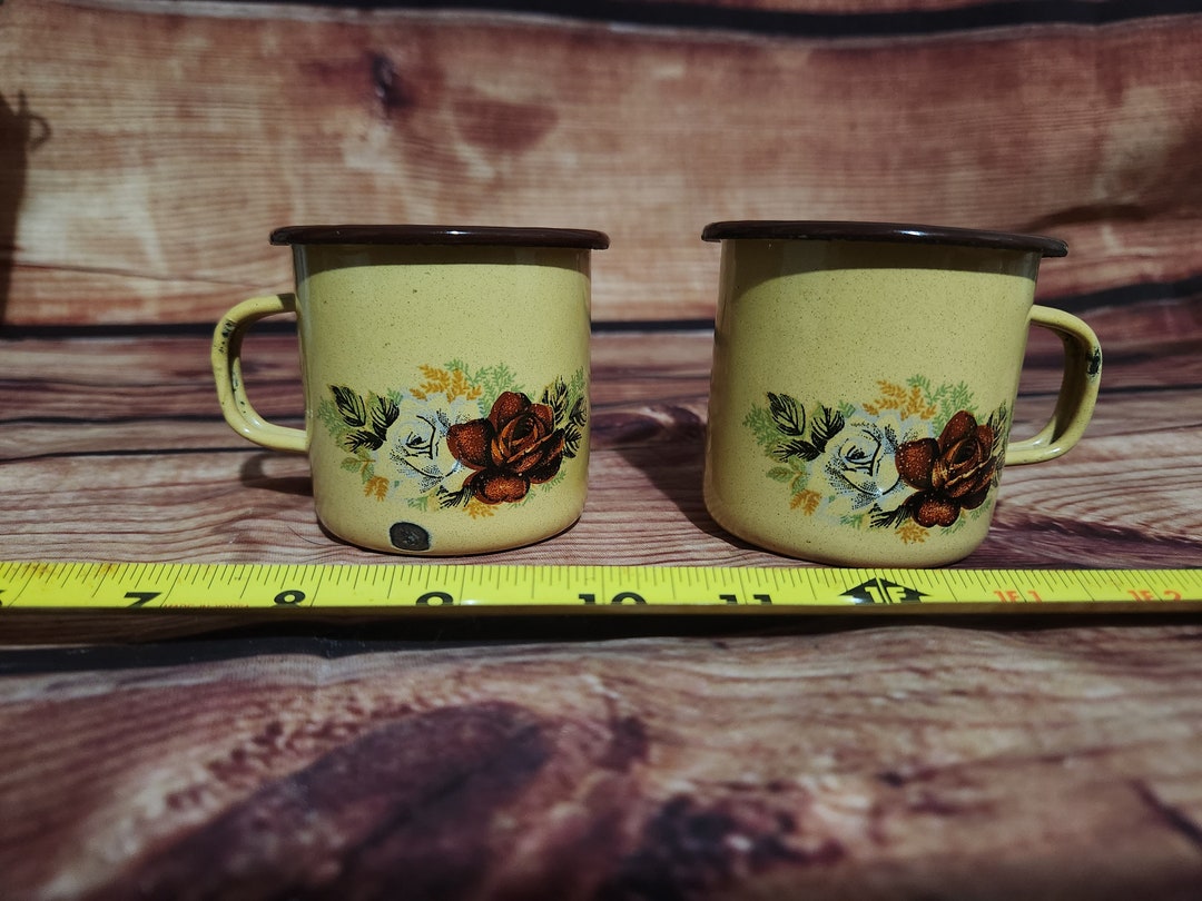 Vintage Set of 2 Enamelware Coffee Cup Mug With Brown Rim Accent, White ...