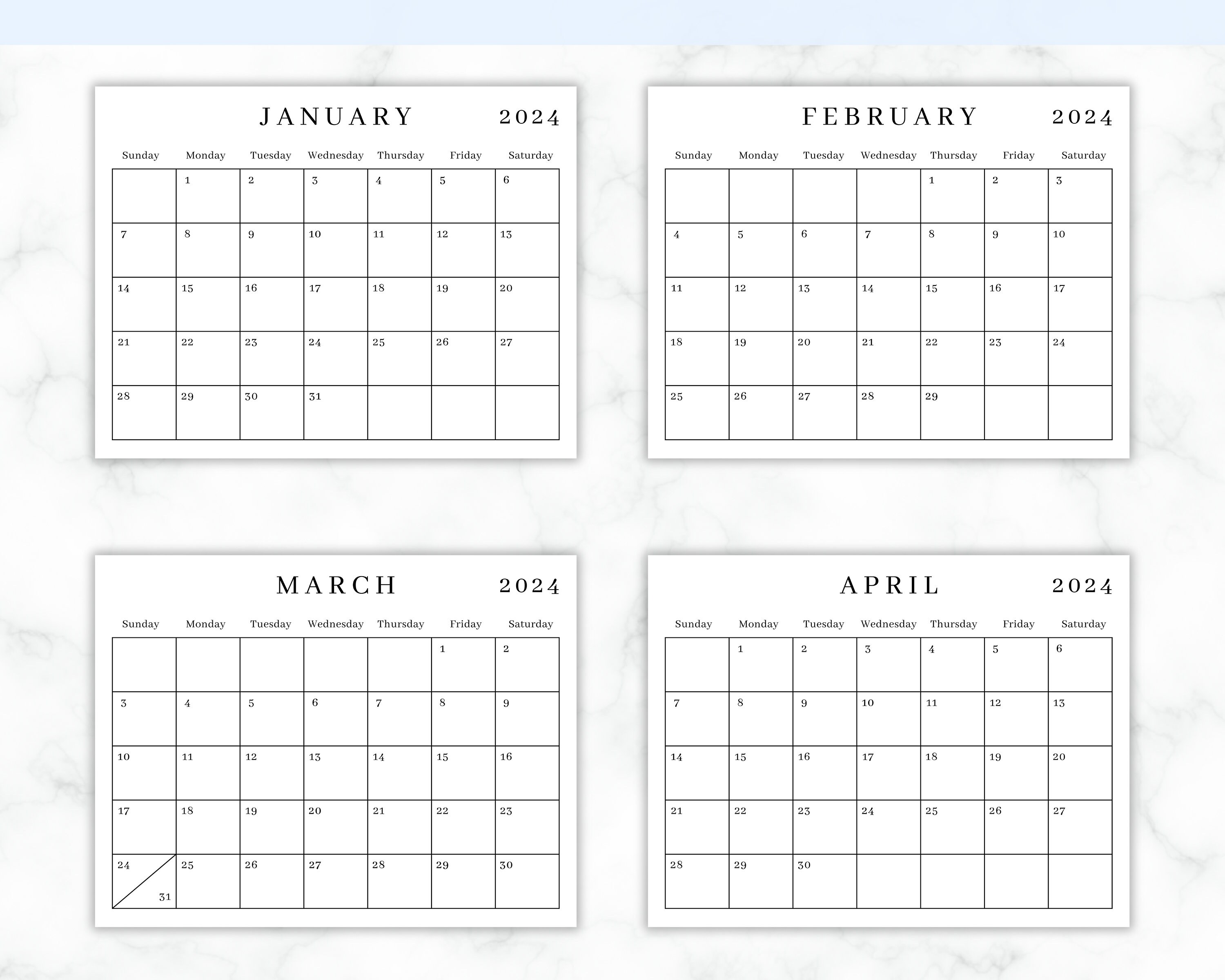 Printable Minimalist 2024 Calendar Template Digital Monthly Calendar ...