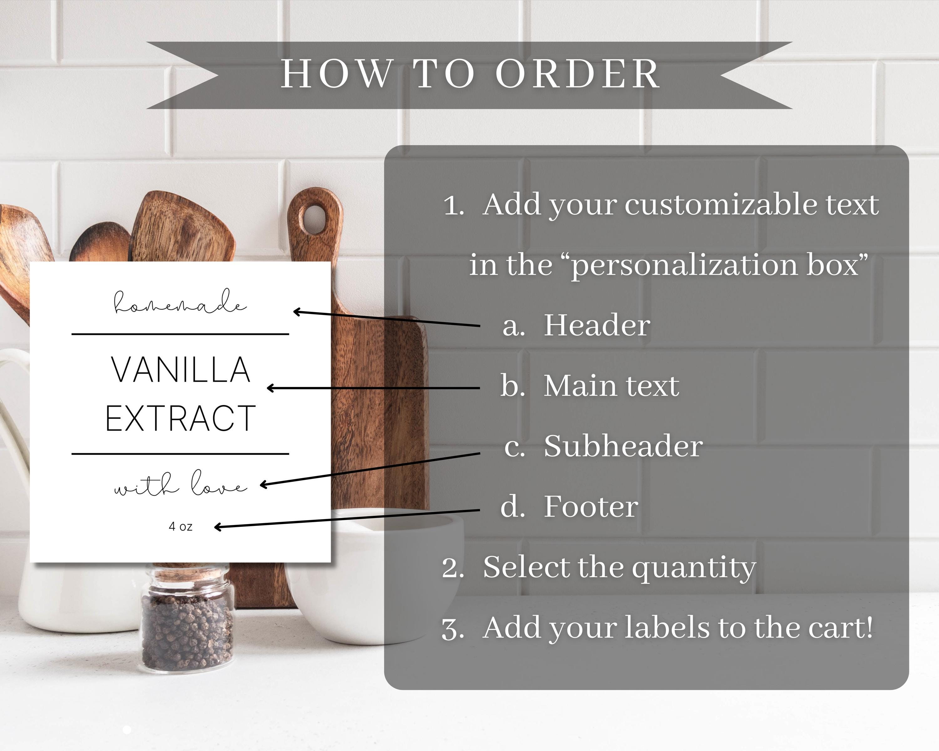Personalized Vanilla Extract Labels Set of 20 Stickers Front Back Options Water & Stain ...