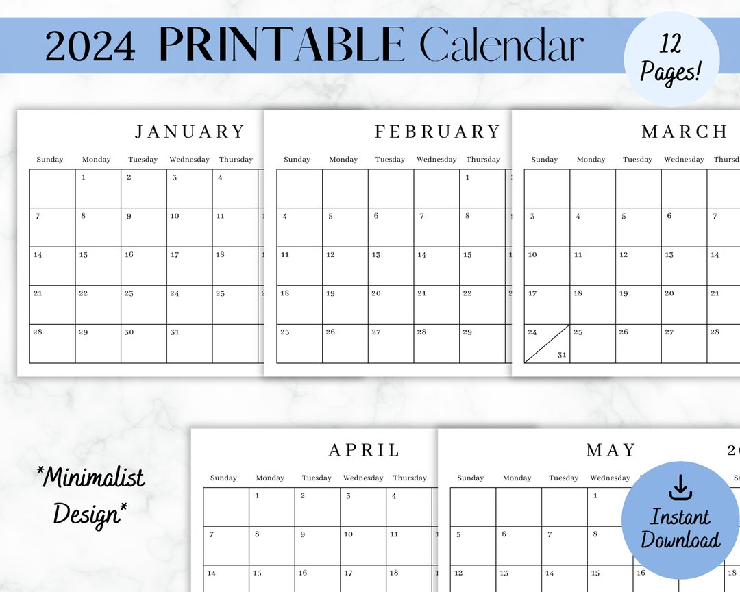 Printable Minimalist 2024 Calendar Template Digital Monthly Calendar ...