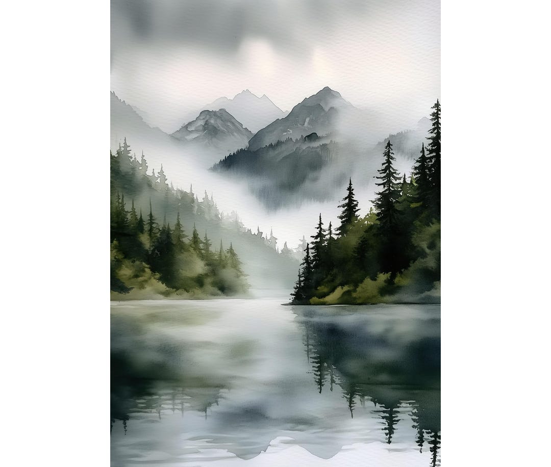 Watercolor Misty Mountain Lake wall Art Print • Moody Alpine Landscape ...