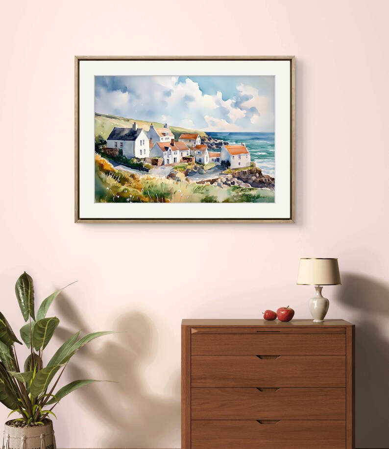 Cornish Coastal Village Watercolor Art Print, Seaside Cottages on ...