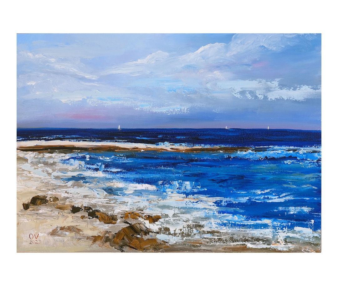Marine Landscape Oil Original Painting: Seascape Art, Blue Ocean, Sandy ...