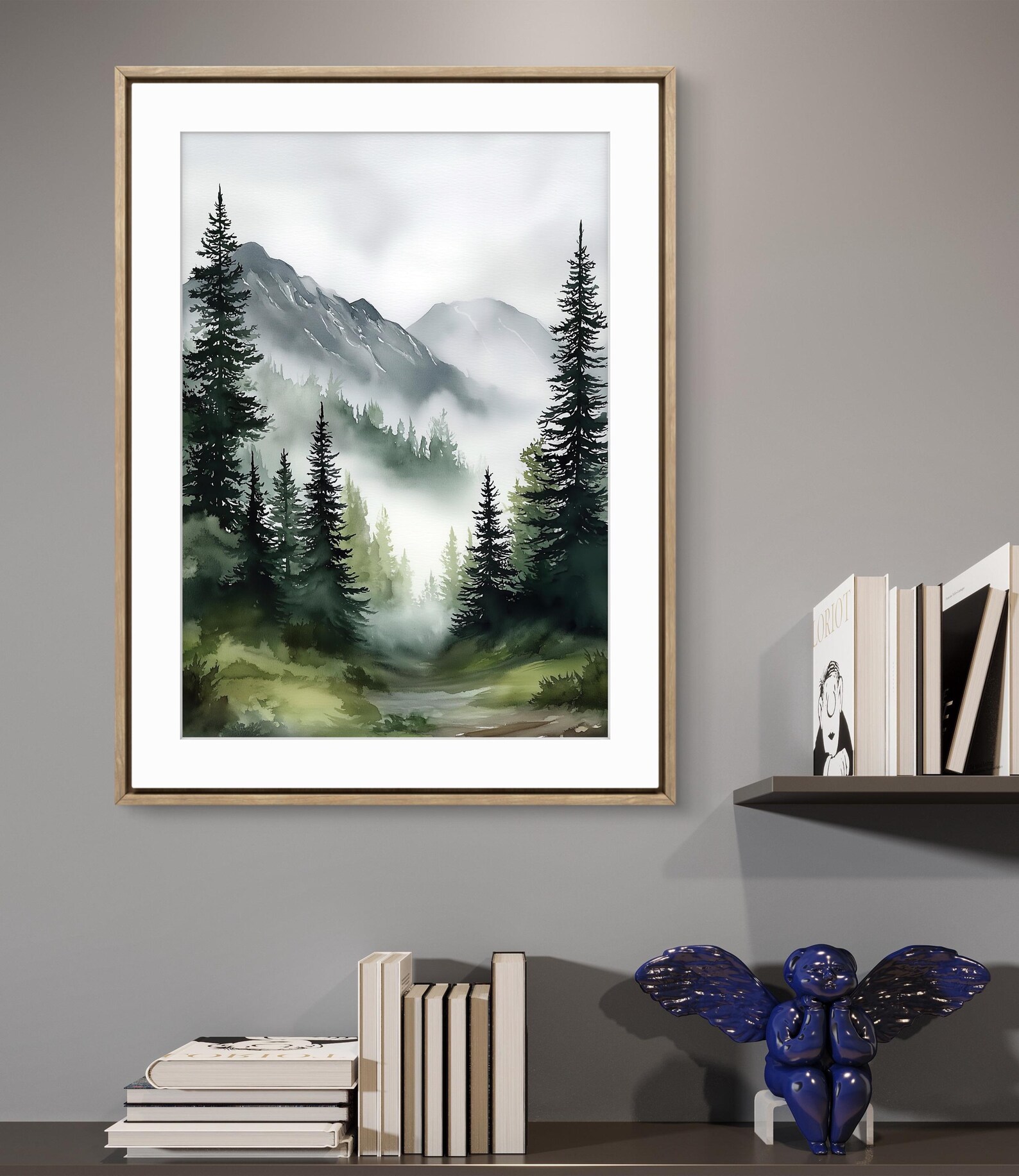 Misty Pine Forest Watercolor Print – Mountain Landscape Wall Art ...
