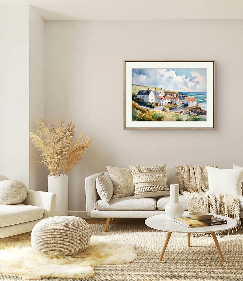Cornish Coastal Village Watercolor Art Print, Seaside Cottages on ...