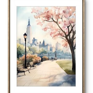 Central Park Spring Watercolor Art Print • NYC Skyline Cherry Blossom ...