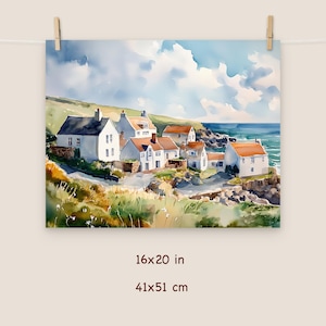 Cornish Coastal Village Watercolor Art Print, Seaside Cottages on ...
