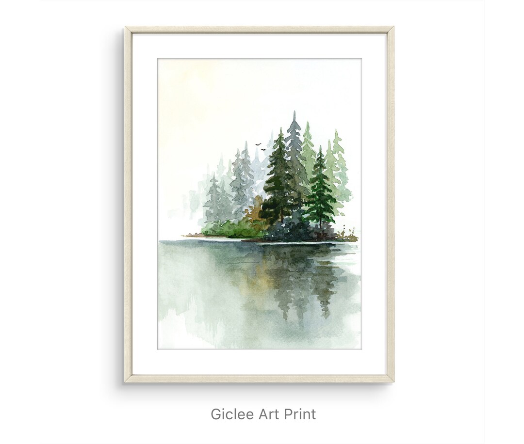 Pine Forest Poster Abstract Landscape Watercolor Art Print, Dark Green ...
