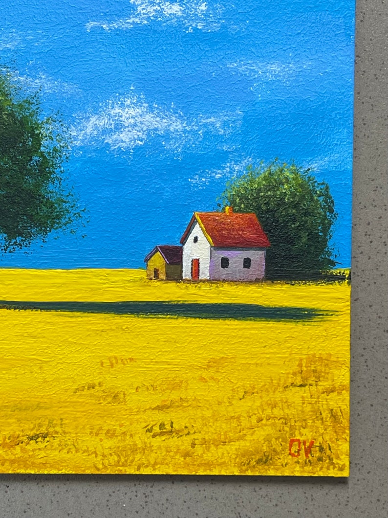 Village Summer Landscape Original Painting Tiny House With Tree Yellow ...