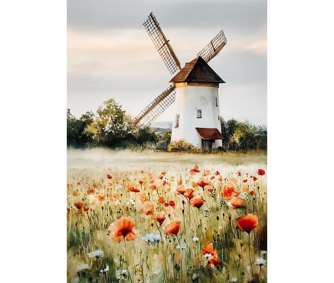Windmill Poppy Field Watercolor Print – Rustic Netherlands Landscape - Etsy