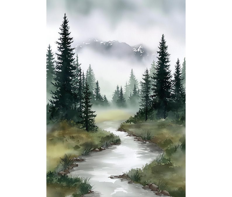 Misty Pine Forest Watercolor Art Print – Mountain Stream Landscape Wall ...