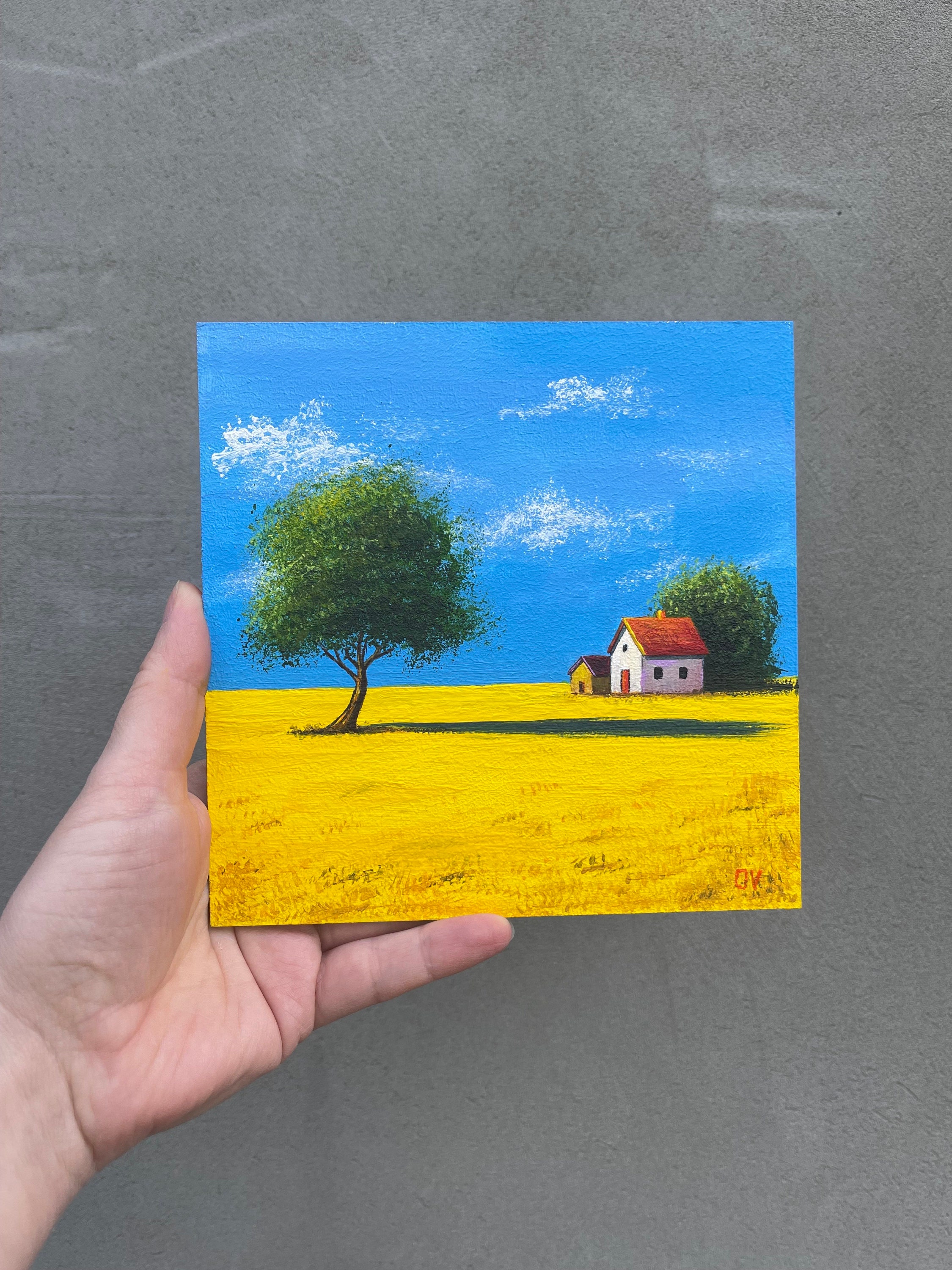 Village Summer Landscape Original Painting Tiny House With Tree Yellow ...