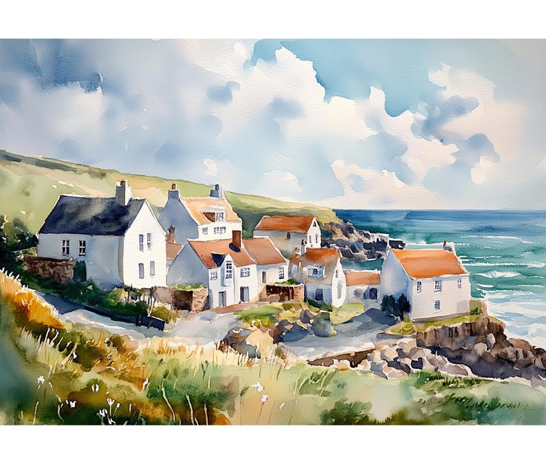 Cornish Coastal Village Watercolor Art Print, Seaside Cottages on ...