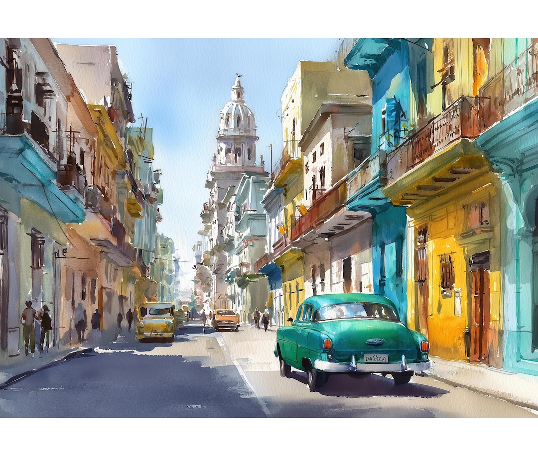 Havana Watercolor Art Print, Cuban Street Scene Classic Green Car ...