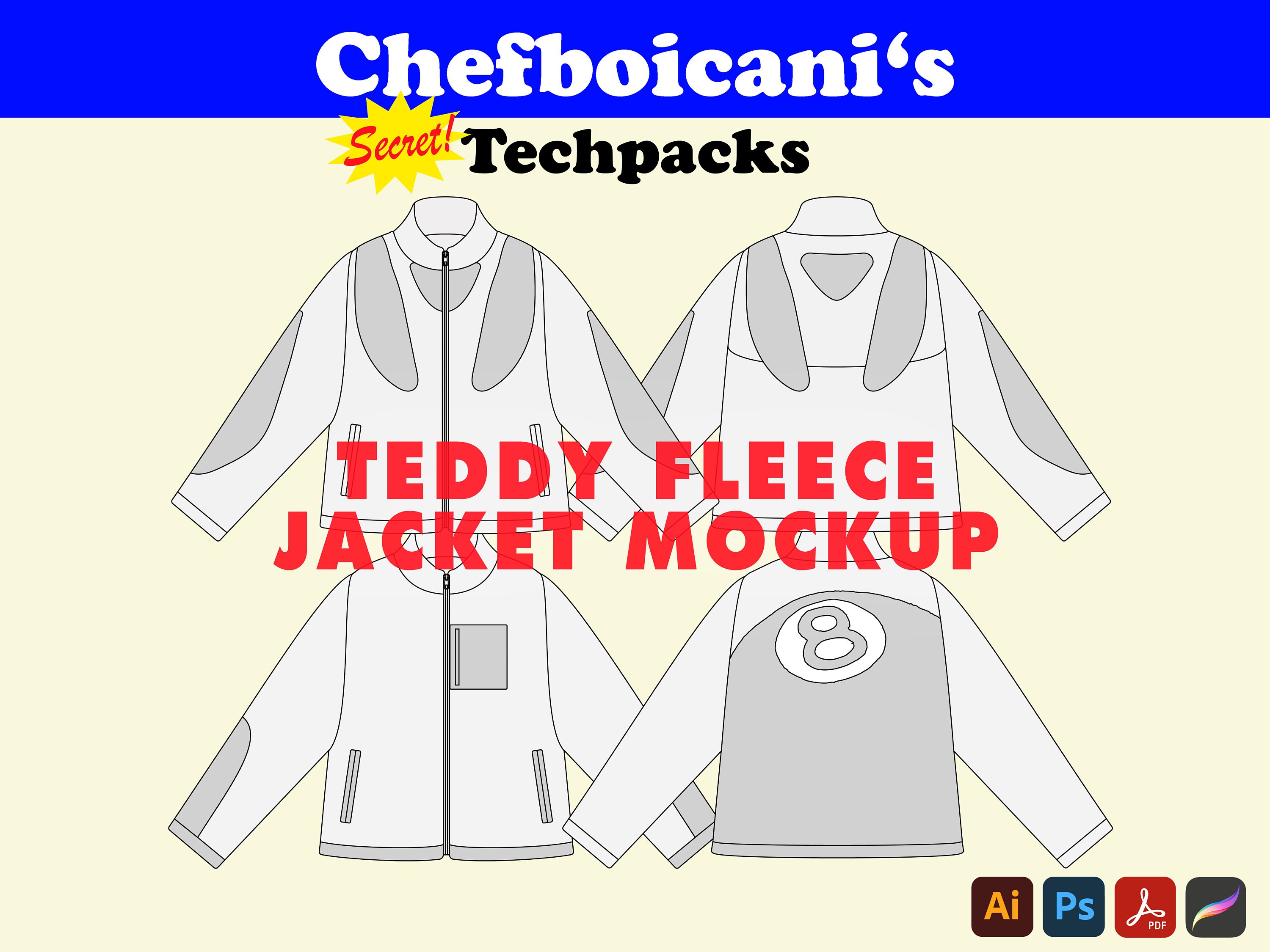 Chefboicanis Teddy Fleece Jacket Mockup Pack With Techpack SVG Vector ...