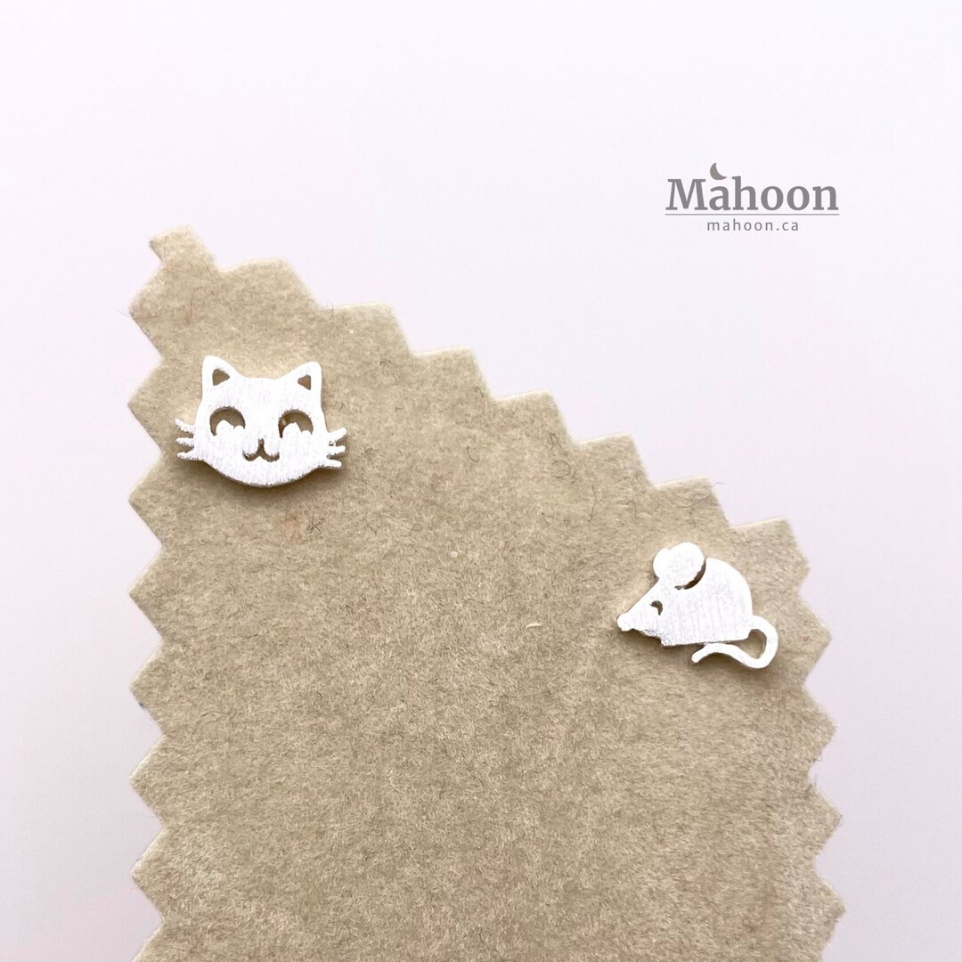 Cat Earrings Silver, Cat Earring Stud, Mismatched Mouse & Cat Earring ...
