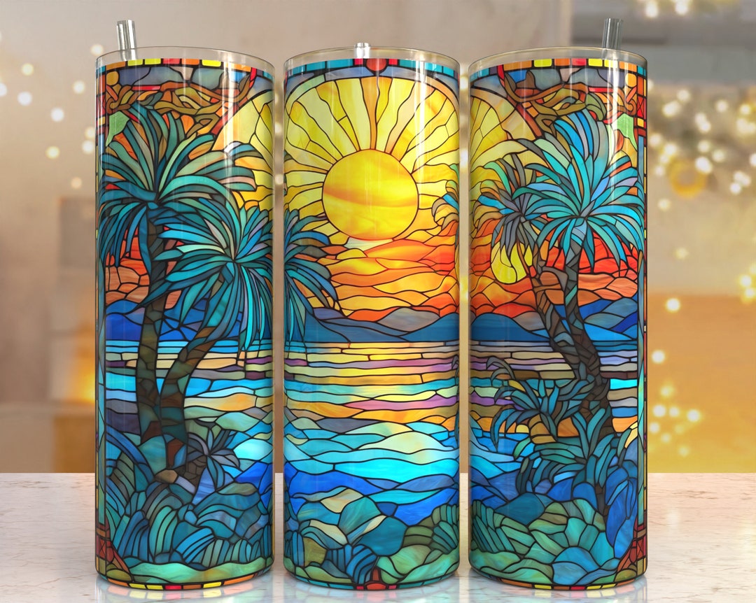 Summer Beach Stained Glass Tumbler, Summer 20oz Skinny Tumbler ...