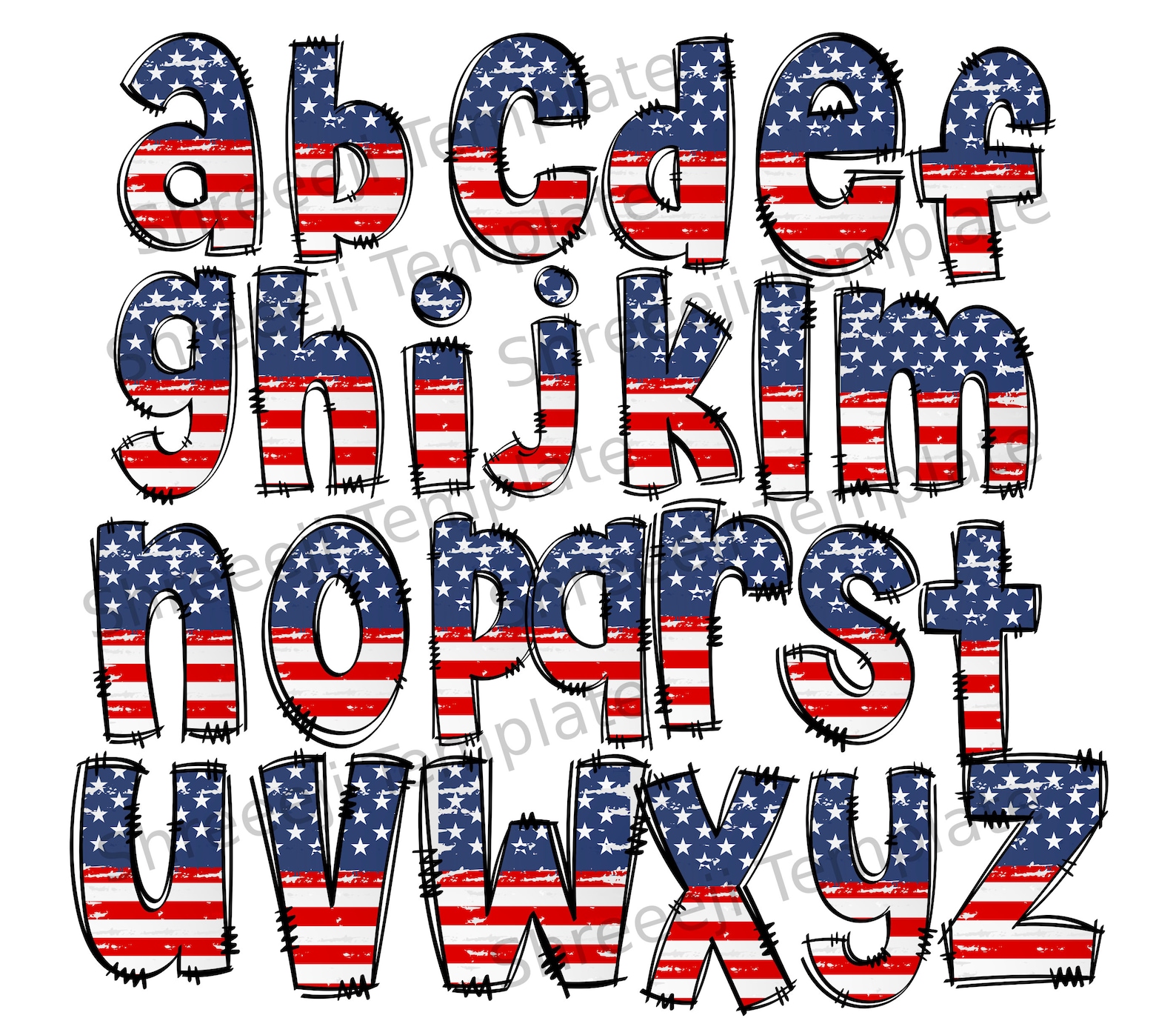 USA Alphabet Letters PNG Bundle, Patriotic American Flag Doodle Letters ...