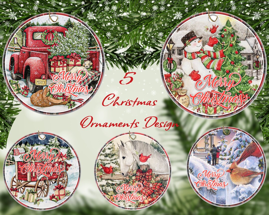 5 Christmas Round Ornament Bundle PNG Sublimation Template, Photo ...